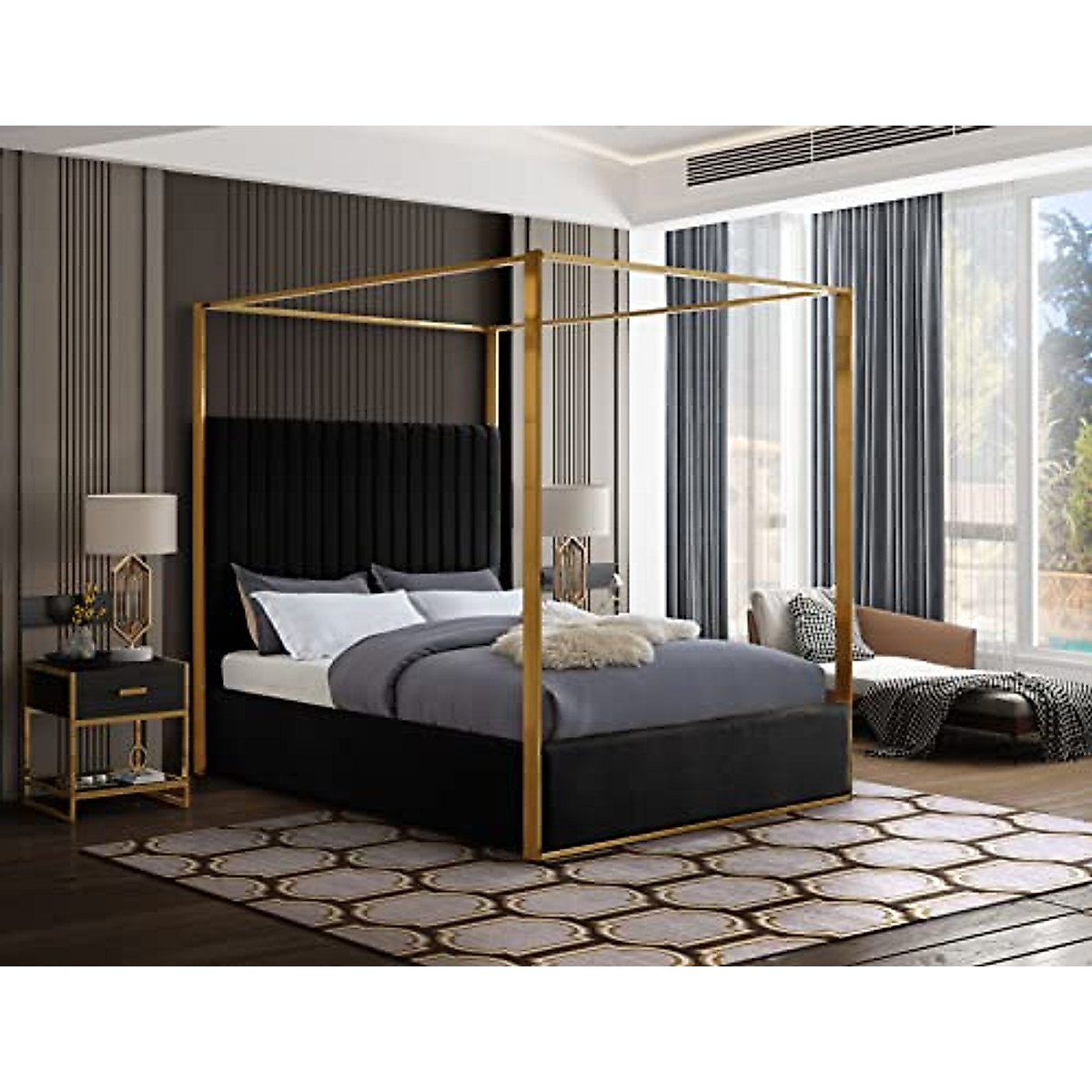 Meridian Furniture JonesBlack-K Jones Collection Modern | Contemporary Upholstered King Bed, Black Velvet, Channel Tufting, Brushed Brass Frame, 82.5" W x 86.5" D x 79" H, Black, King