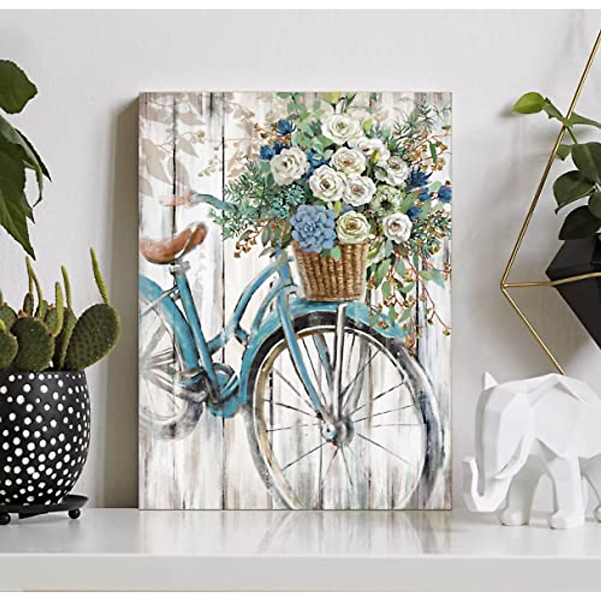LAIART Farmhouse bathroom wall decor canvas art blue Retro bike picture print flower artwork for bedroom dining living room(11''x15)