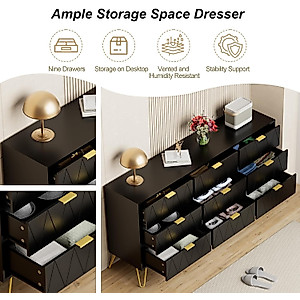 UEV Black Dresser for Bedroom,Modern 9 Drawer Triple Dresser with Gold Accents,Long Storage Dresser for TV Stand & Closet,Large Chest of Drawers for Living Room,Hallway,Entryway