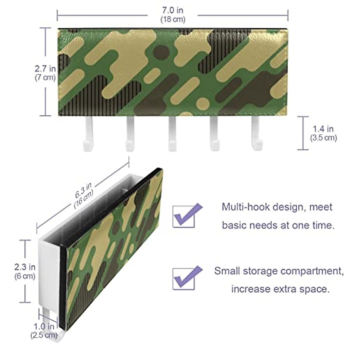 Camouflage Mail Holder Organizer and Key Hooks PU Front, Self Adhesive Key Rack with 5 Hooks Perfect for Entryway, Hallway，Bathroom ，Kitchen
