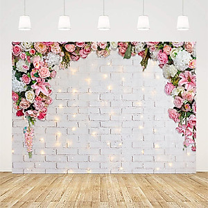 AIBIIN 7x5ft White Flowers Wall Pink Floral Photography Backdrop for Wedding Bridal Shower Engagement Ceremony Photo Background Baby Girl Birthday Party Portrait Cake Table Decor Photo Booth Studio