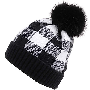 CRUOXIBB Women Knit Slouchy Beanie Hat with Faux Fur Pompom Buffalo Plaid Cuff Winter Soft Warm Ski Cap