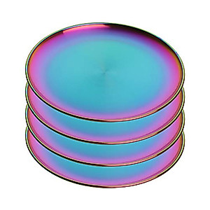 BISDARUN 4-Piece Stainless Steel Dinner Plates Dessert Salad Plates Set Indian, Mingcheng 9.1 Inch Colorful Metal Platter for Camping, Unbreakable and Reusable Dishwasher Safe (Rainbow)