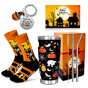 PUPPY GO Halloween Gifts Set, 5PCS Halloween Tumbler Set Includes 20oz Tumbler with Lids and Straw Socks Keychain Thanks Card, Cute Pumpkin Gift for Women