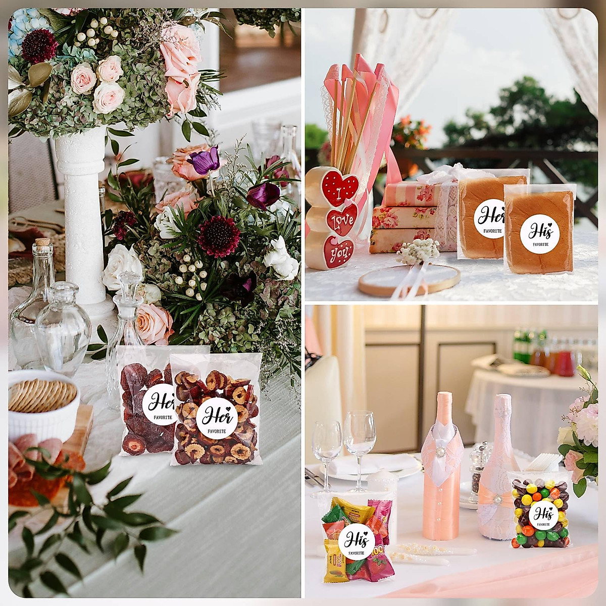 AIOMOB 100 Set His Her Favorite Stickers Candy Bags Wedding Favor Stickers 4x6 Inches Self Sealing Cellophane Bags for Wedding Favor Labels Guest Welcome Bag Stuffers Bulk