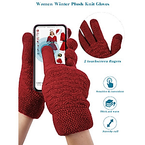KUTTOR 4 Pairs Women Winter Plush Knit Gloves Knit Warm Wool Fleece Plush Touch Screen Gloves with Jacquard Design