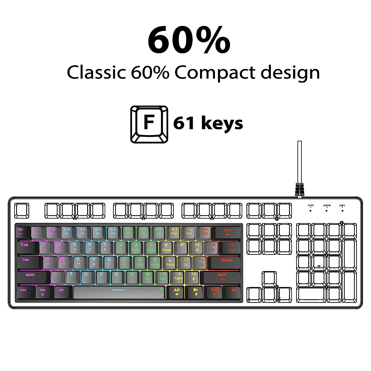 Snpurdiri 60 Percent Machanical Keyboard Red Switches, 60% Mini Gaming Keyboard Rainbow Backlit, Full Anti-Ghosting Compact Gaming Keyboard for PC Gamer Office Business (Black-Grey, Red Switches)