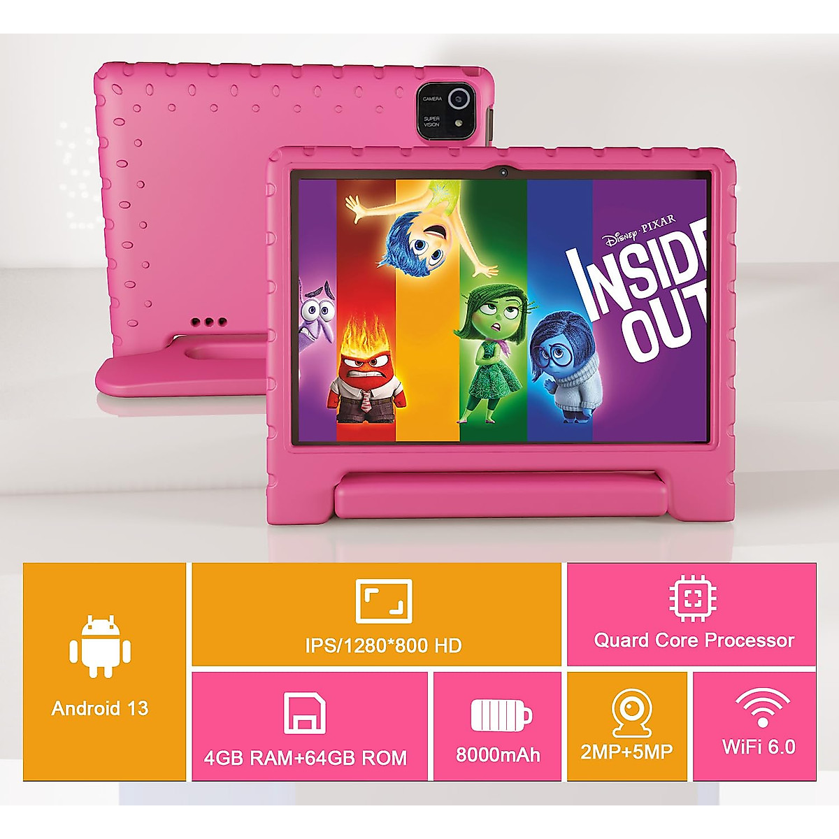 NOBKLEN Kids Tablet 10 Inch with Android 13, 4GB RAM 64GB Storage, Parental Controls, Educational Apps, Dual Camera, WiFi 6, 8000mAh Battery, Kid-Proof Case