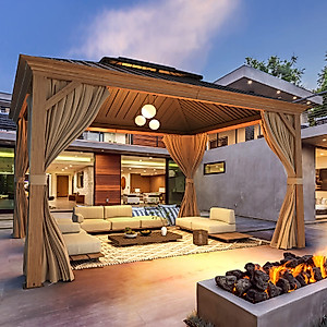 YOLENY 10'x12' Hardtop Gazebo, Wooden Finish Coated Aluminum Frame Canopy with Galvanized Steel Roof, Outdoor Metal Gazebos with Curtains and Nettings for Patio, Backyard, Deck and Lawns