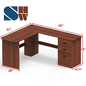 SHW L-Shaped Home Office Wood Corner Desk with 3 Drawers, Walnut
