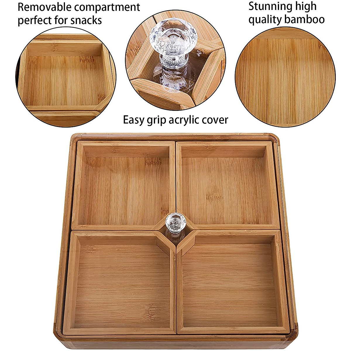 WUWEOT Bamboo Nut and Candy Serving Tray, Party Appetizer Platter Veggie Dish, Candy Bowl with Acrylic Lid & Removable Dividers for Party, Taco Dip Parties Platters & Chip Bowls
