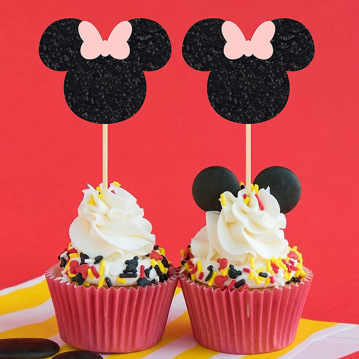 Gyufise Mouse Inspired Cupcake Toppers with Bow Black and Pink Glitter Mouse Cupcake Picks Baby Shower Wedding Kids Birthday Party Cake Decorations Supplies 36 Pack
