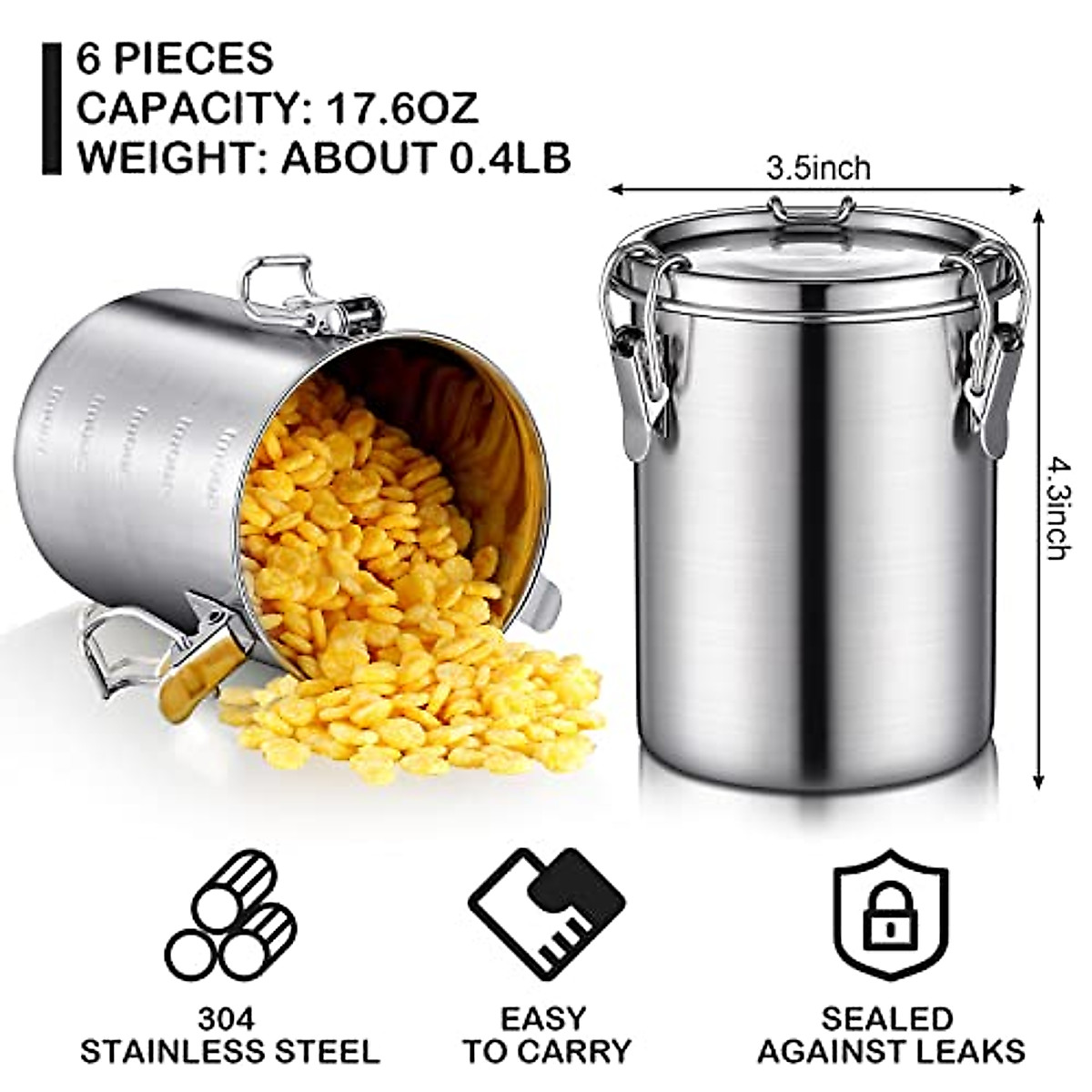 Zopeal 6 Pack 34 Oz Stainless Steel Canisters Set Stainless Steel Airtight Food Storage Containers Metal Containers with Lids Sealed for Tea Coffee Sugar Flour Baking Pantry Kitchen Counter (17.6 Oz)