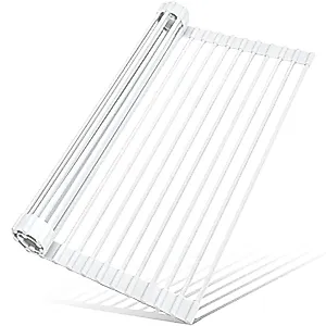 MERRYBOX Roll Up Dish Drying Rack, Silicone Wrapped Over The Sink Dish Rack Foldable Dish Drainer Anti-Slip Dish Racks for Kitchen Counter, Multipurpose Kitchen Sink Drying Rack, 17" x 13", White