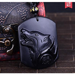Excellent Natural Obsidian Wolf's Head Charm Wish Good Luck Beaded Pendant Necklace