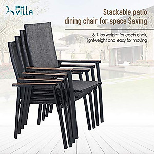PHI VILLA Patio Stackable Dining Chairs, Lightweight Aluminum Outdoor Sling Chairs with Extra Wide Seat & Wood-Like Armrest, Stackable Space Saving Garden Lawn Chairs for All Weather, Set of 2