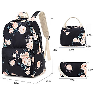 Natayoo Floral School Backpack for Girls Women, Water Resistant Laptop Backpack with USB Charging Port and Headphone Interface, College Bookbag with Lunch Bag and Pencil Bag, Floral-2, Large