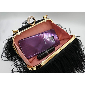QEBURI Women Fluffy Ostrich Feather Evening Dress Clutch Bag Purse Shoulder Bag (Wine)