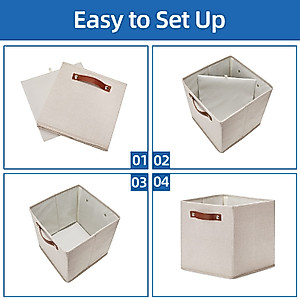 Temary 11x11 Storage Cubes Fabric Storage Cubes Storage Bins with Dual Leather Handles Canvas Storage Boxes for Organizing Home, Office, Nursery, Shelf, Closet (Beige, 11 x 11 x 11)