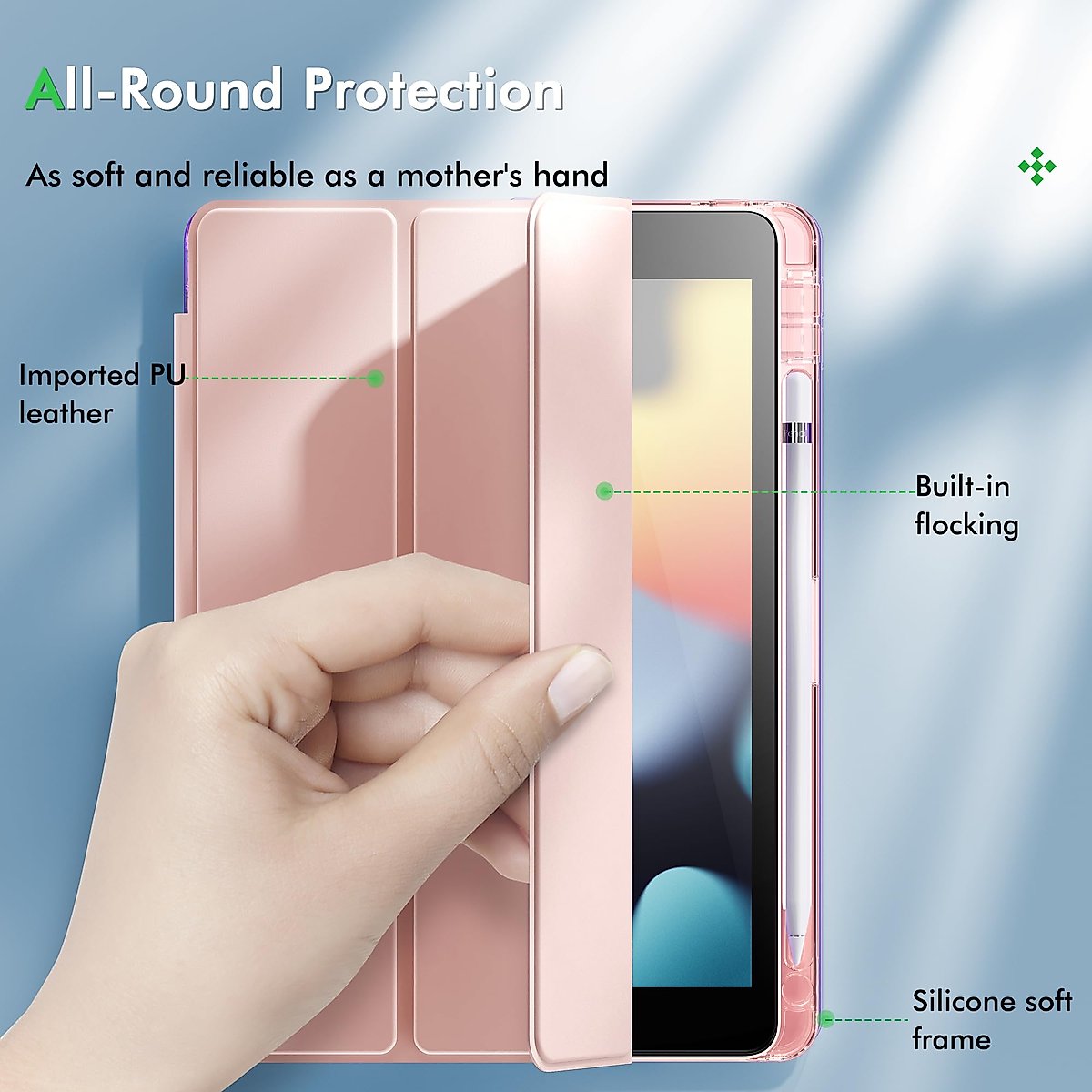 INFILAND Case Compatible with iPad 9th /8th /7th Generation Case(2021/2020/2019),【Ultra-Clear Back & PU Leather Cover】【6 FT Drop Protection】 iPad 10.2 Inch with iPencil Holder-Clear Silver