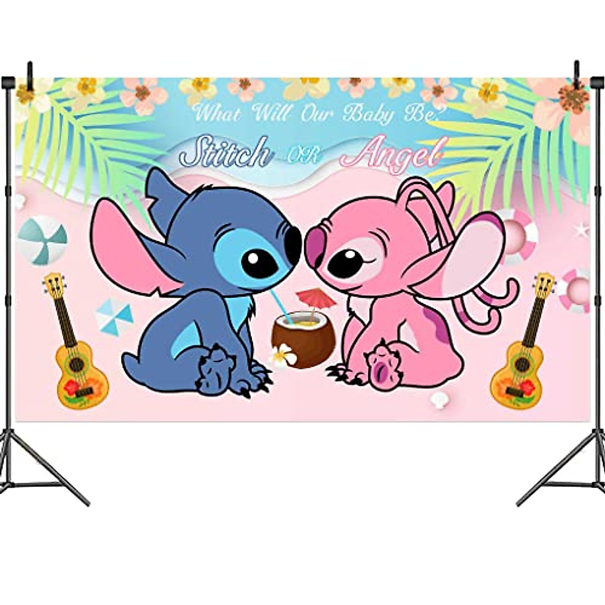 Wenqiang Stitch and Angel Gender Reveal Backdrop for Baby Shower Summer Tropical Hawaiian Beach Party Decorations Supplies Banner 5x3ft