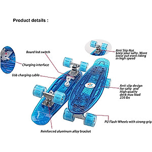 HUAXIAO 22 Inch Skateboard- with Led Light Up Wheels for Beginners,Complete Mini Cruiser Retro Skateboard for Kid,Smooth Riding,Durable Polypropylene with Pu Wheels