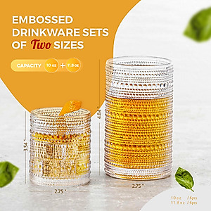 FULGNU Hobnail Drinking Glasses Set of 12, 11.8 oz Vintage Glasses Drinking Set & 10 oz Cocktail Glasses Set, Embossed Glass Cups for Kitchen, Beer, Juice, Cocktail, Whiskey, Milk