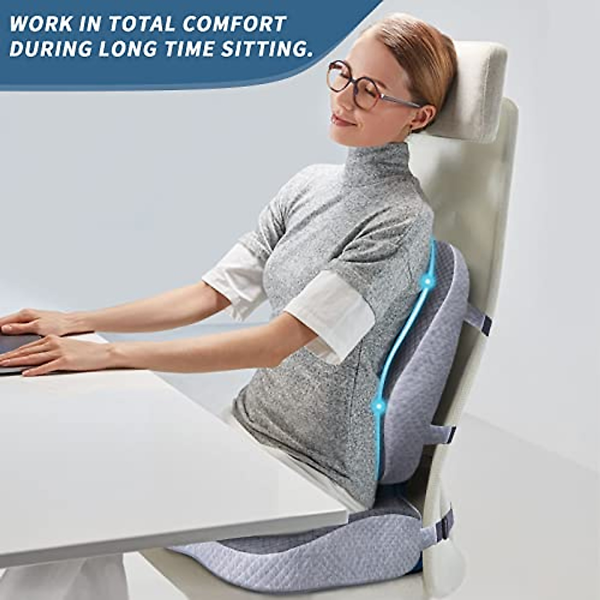 Memory Foam Seat Cushion & Lumbar Support Pillow for Office Chair Car Wheelchair, 3 Piece Chair Cushion Set with Adjustable Straps for Lower Back, Tailbone, Sciatica, Hip Pain Relief, CertiPUR-US
