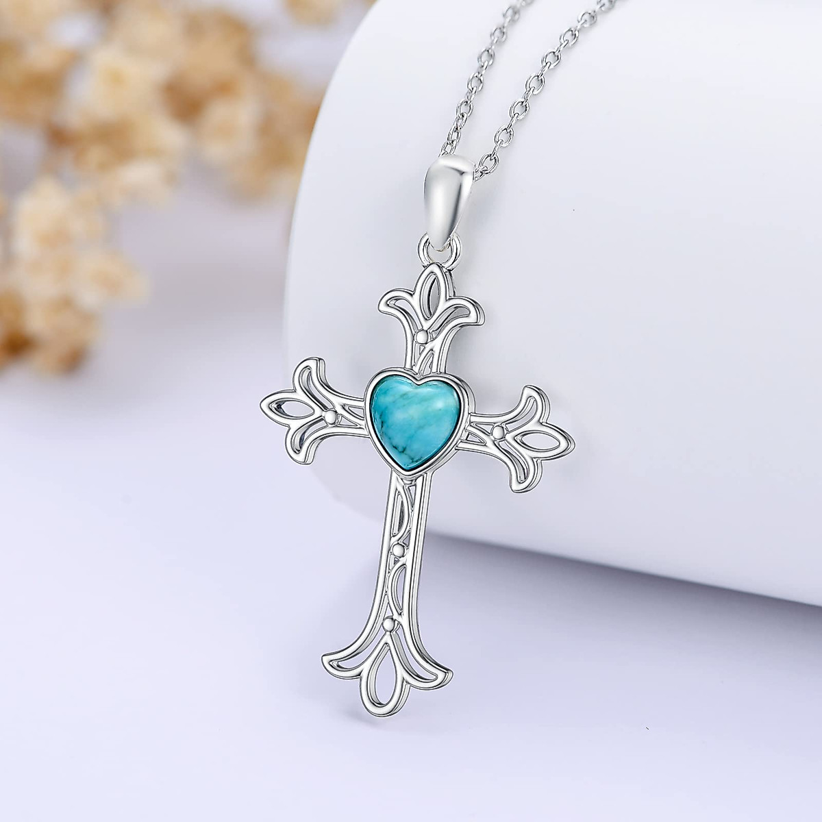 BETHZA Turquoise Cross Necklace for Women 925 Sterling Silver Real Turquoise Filigree Cross Pendant Religious Jewelry Gifts for Wife Girlfriend