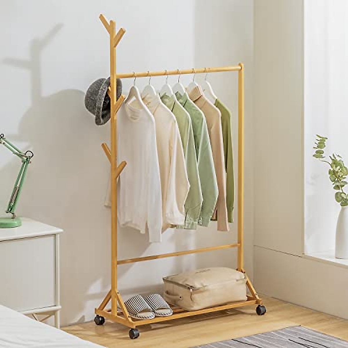 MoNiBloom Bamboo Clothing Garment Rack with Wheels and Bottom Shelf 2-in-1 Freestanding Clothes Organizer with 6 Side Hooks for Hanging Clothes Hats, Natural