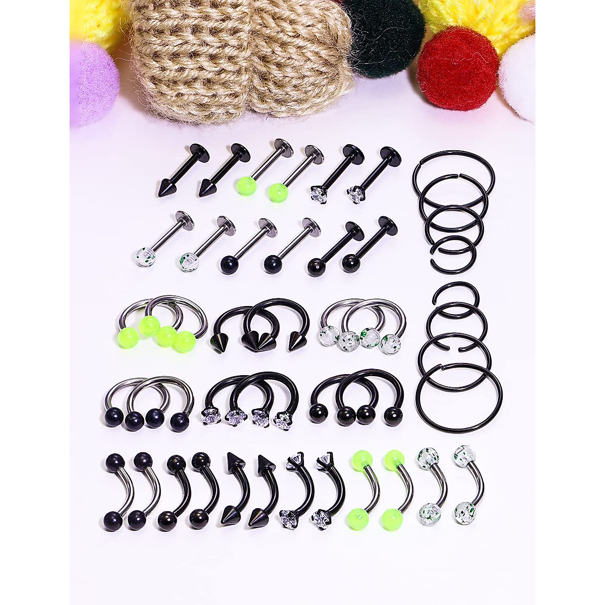 Prjndjw 16g Lip Rings Stainless Steel Horseshoe Rings Eyebrow Rings Labret Monroe Lip Rings Nail Tragus Helix Earrings Studs Ring Medusa Piercing Jewelry 8mm 44 Pcs Glow in the Dark