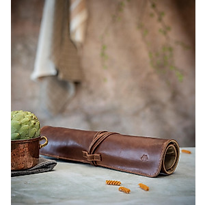 Angus Stoke premium leather Knife Roll Bag - Storage and Protection for Chef Knives, 7 Slots and 1 Zipper Pocket, genuine Buffalo Leather Case Nils (Mahogany)
