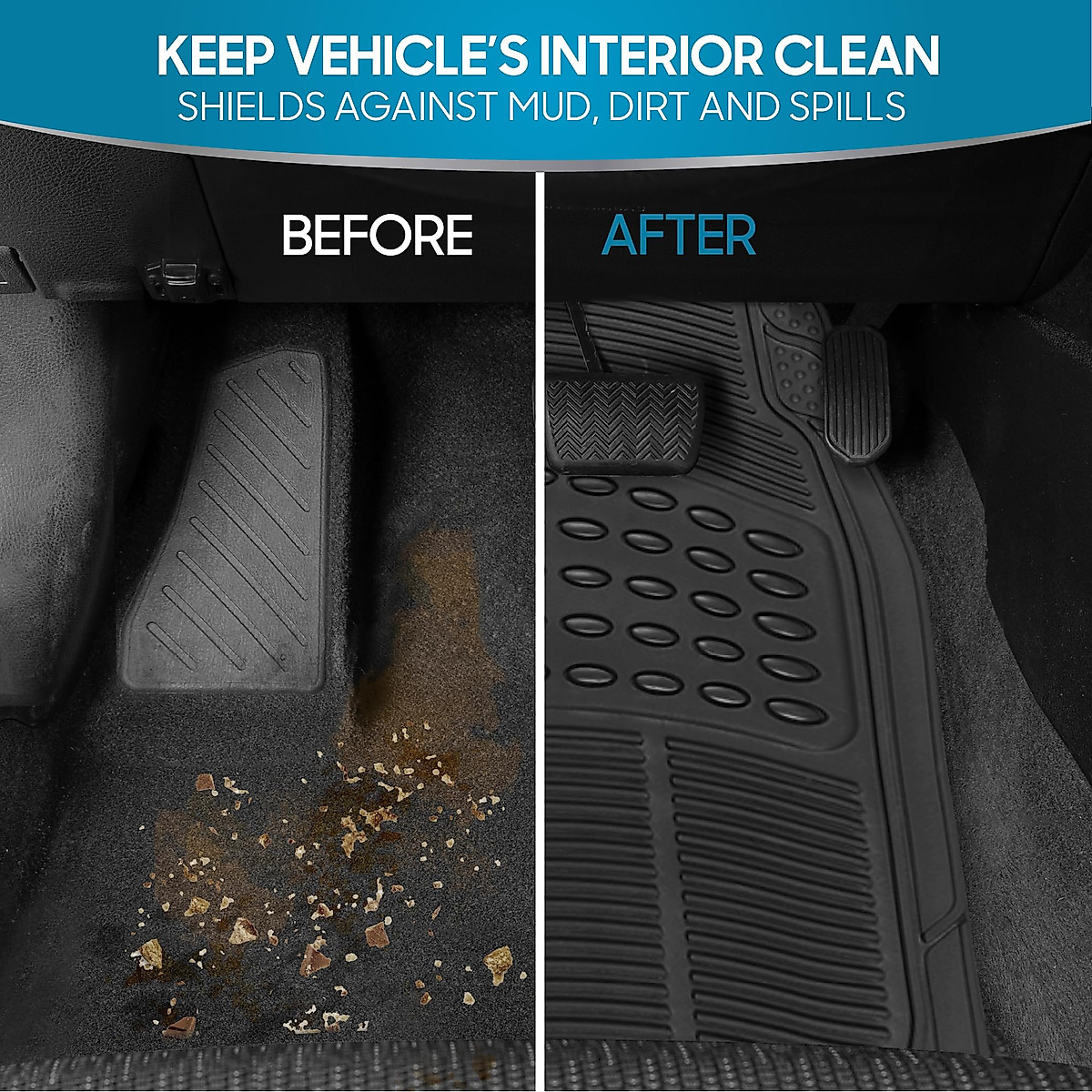 BDK ProLiner Floor Mats for Cars Trucks SUV, 3-Piece All-Weather Car Mats with Universal Fit Design, Durable Car Floor Mats with Capture Ridges, Waterproof Rubber Floor Mats for Cars (Black)