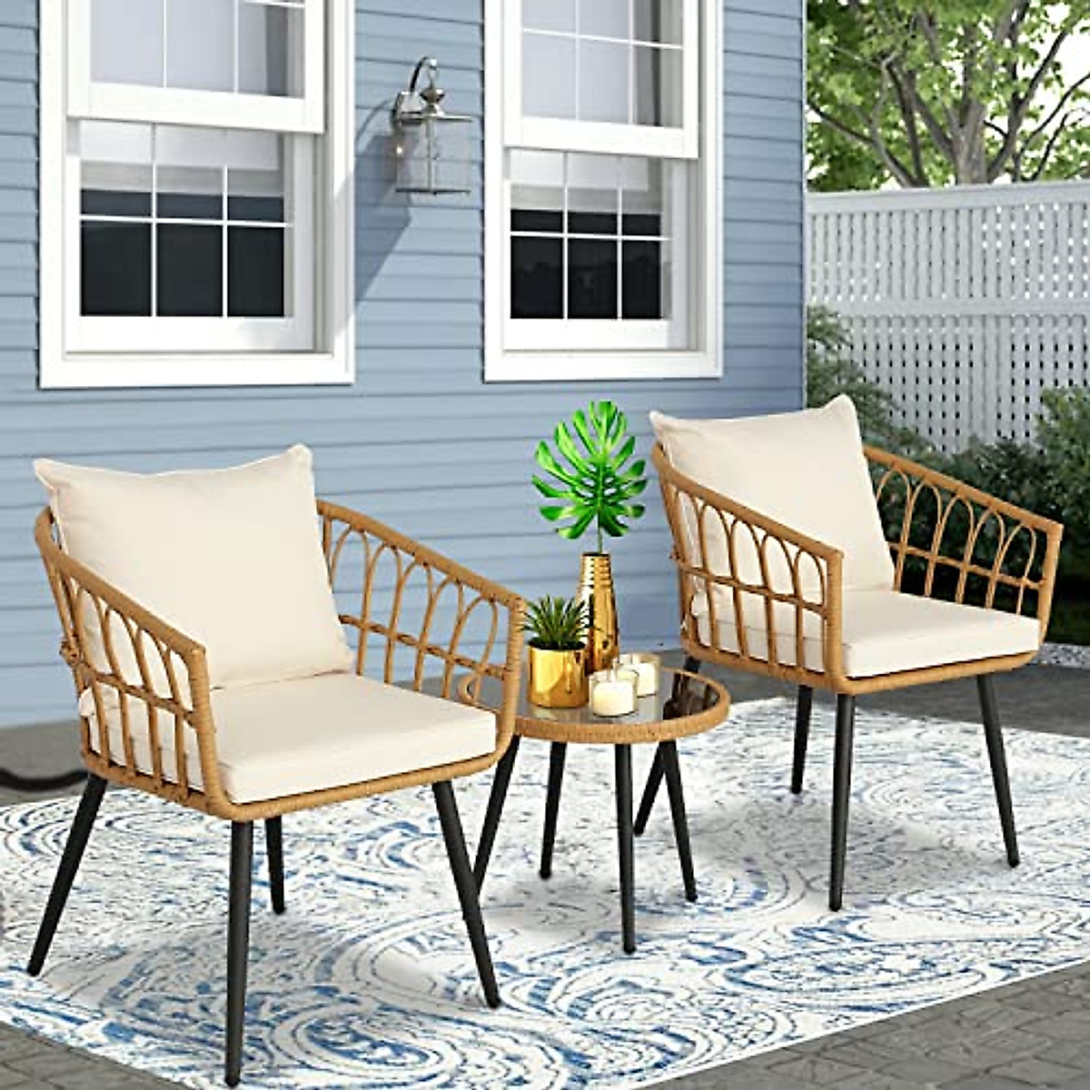 BPTD 3 Piece Outdoor Bistro Set Patio Set Balcony Furniture Outdoor Furniture Rattan Chair Conversation Sets with Side Table for Porch, Backyard, Balcony (Brown/Ecru White)