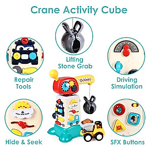 iPlay, iLearn Toddler Construction Crane Music Toys, Baby Activity Cube w/ 4 Inertia Push Go Vehicles Cars, Tractor Backhoe Dump Truck, Birthday Gifts Set 18 24 Month 2 3 4 5 Year Old Infant Boys Kids