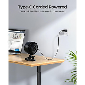 Koonie USB Clip on Fan, Strong Wind Ultra Quiet Small Desk Fan with Strong Clamp, More Than 360° Adjustable, 3 Speeds USB-C Corded Powered, Mini Personal Fan for Home Office Desktop Black