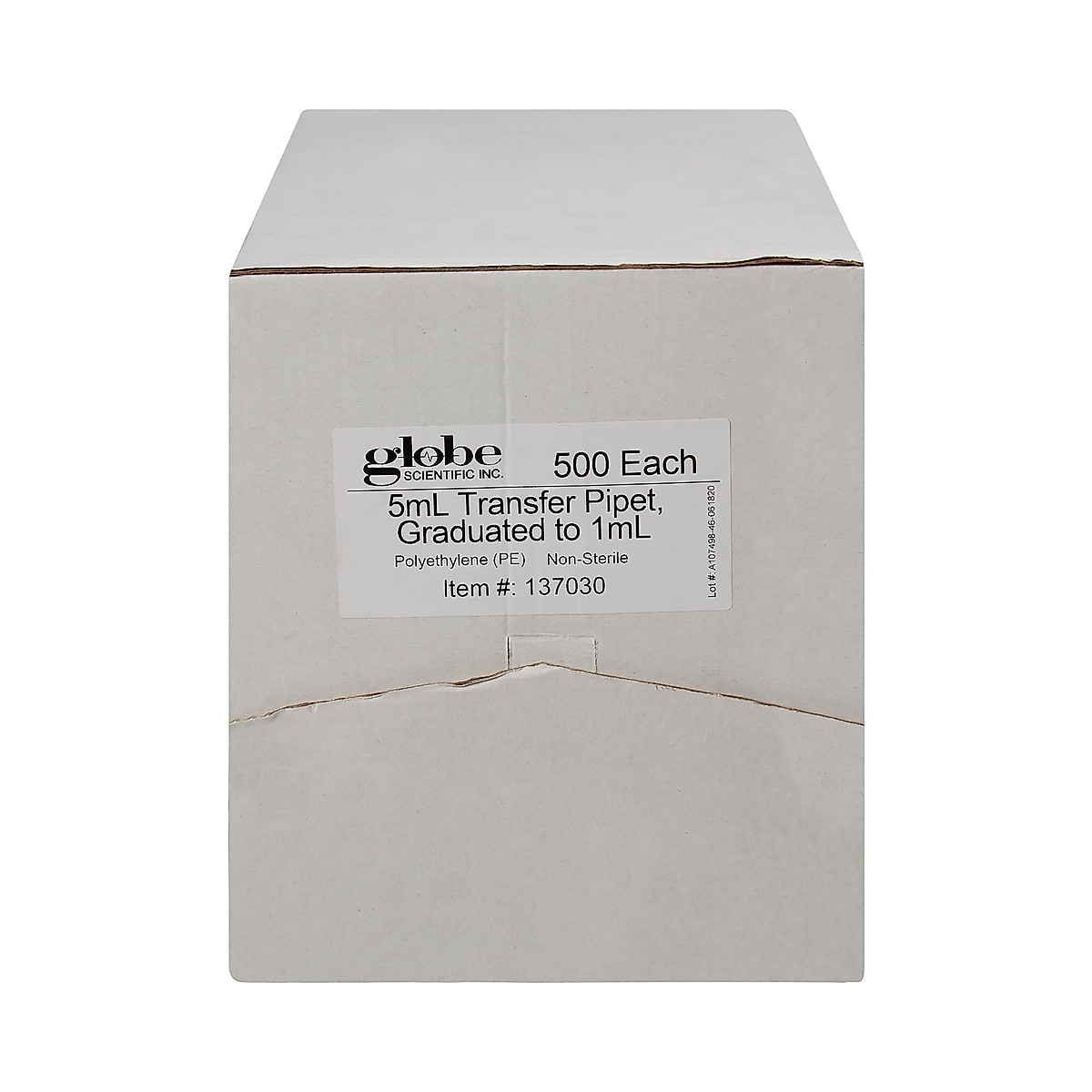 Globe Scientific Transfer Pipet, 137030-500, 5.0mL Capacity, Large Bulb, Non-Sterile, Graduated to 1mL, 145mm Length, Bulb Draw - 3.4mL, 500/Box