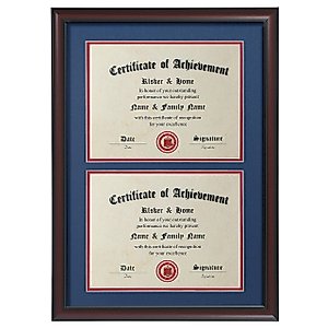 ELSKER&HOME Double Certificate Frame-Cherry Wood Color - 2.0mm Panels-Made for Document&Diploma for Two 8.5x11 Inch with Mat and 14x20 Inch Without Mat(Double Mat,Navy with Red Rim)
