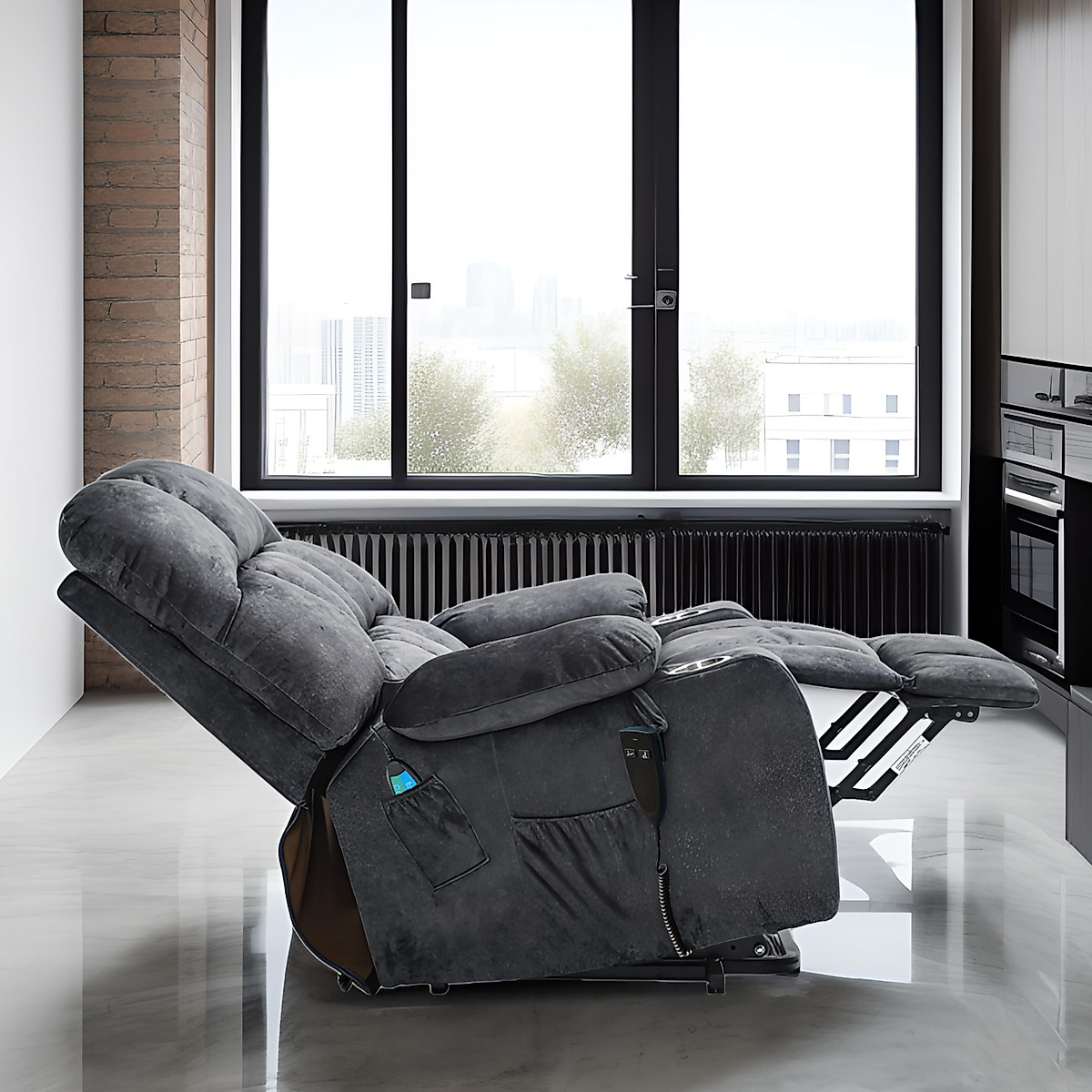 PUG258Y Lift Chair for Big and Tall Person with Inconvenient Legs: 9688 High Density Foam Lift Sofa with Heat and Massage, 2 Pockets, 2 Cup Holder, 2 Remote, OKIN Motor, Fabric - Granite Black