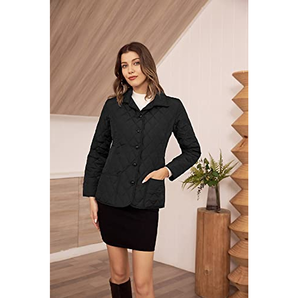 GRACE KARIN Women Lightweight Jacket Casual Winter Quilted Coat Lapel Button Down Long Sleeve Outwear with Pockets Black L