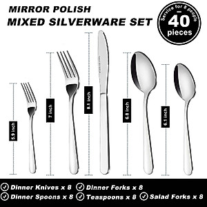 Bestdin Silverware Set for 8, 40-Piece Spoons and Forks Set, Food-Grade Cutlery Set, Stainless Steel Forks and Spoons Silverware Set, Flatware sets Includes Knife/Fork/Spoon, Dishwasher Safe.