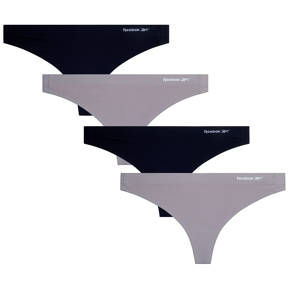 Reebok Women's Thong Underwear - 4 Pack or 8 Pack Breathable Stretch Performance Sexy Seamless Thong Panties for Women (S-XL), Size Medium, Shark Skin/Black-4pk