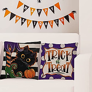 Fjfz Happy Halloween Witch Decorative Throw Pillow Covers 18 x 18 Set of 4, Trick or Treat Black Cat Pumpkin Fall Porch Outdoor Home Decor, Purple Polka Dots Stripes Autumn Holiday Couch Cushion Case