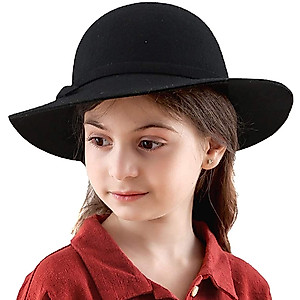 Wide-Brim Kids Girls Floppy-Hat Vintage Fedora Hats for Girl Boho Felt Bowler-Cap 3 to 8 Years (3-8 Years, Black)
