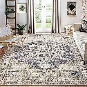 Area Rug Living Room Rugs - 5x7 Washable Boho Rug Vintage Oriental Distressed Farmhouse Large Thin Indoor Carpet for Living Room Bedroom Under Dining Table Home Office - Cream Blue