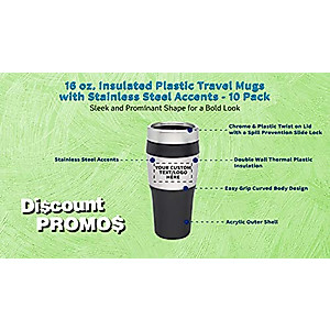 Personalized 16 oz. Insulated Plastic Travel Mugs - 10 Pack - Custom Text, Logo - Stainless Steel