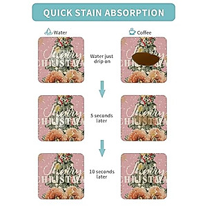 Coffee Mat for Counter, Merry Christmas Squirrel with Xmas Trees Pink Absorbent Hide Stain Coffee Bar Mat, Non-slip Coffee Bar Accessories Kitchen Drying Mat Fit Under Coffee Maker Espresso Machine