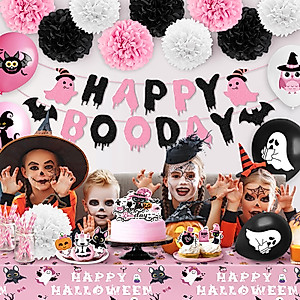 Halloween Birthday Party Decorations, Pink Black Halloween Happy Booday Party Banner with 16inch BOO Balloons Ghost Bat Balloons and Tablecloth for Girl Halloween Boo Day Party Decorations