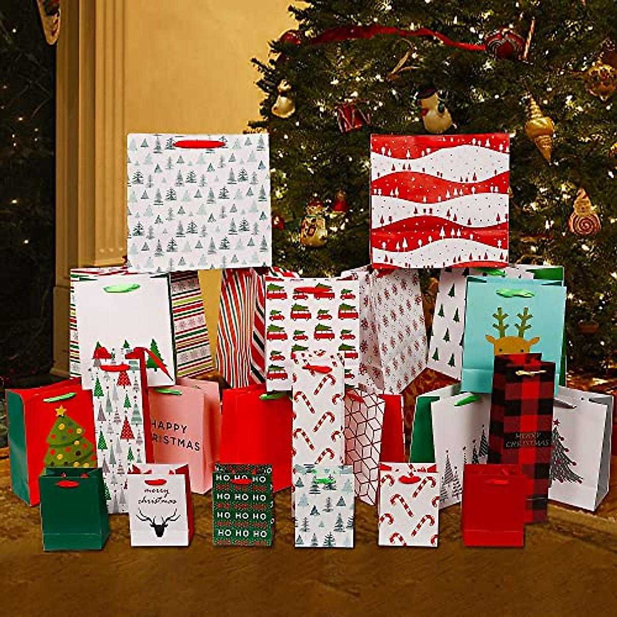 Lulu Home Christmas Wrapping Bags, 24 Packs Assorted Size Art Paper Gift Bags Set with Handles, Xmas Large Medium Small Bottle Bags for Holiday Birthday Present Packaging