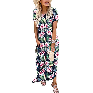 ANRABESS Women's Summer Casual Loose Short Sleeve Long T Shirt Dress Split Maxi Beach Sundress Travel Vacation Outfits Floral Print Medium